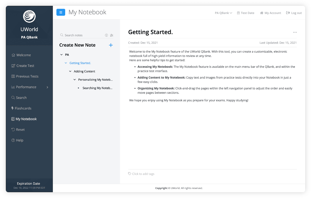 PA QBank New Product Feature: My Notebook | UWorld PA